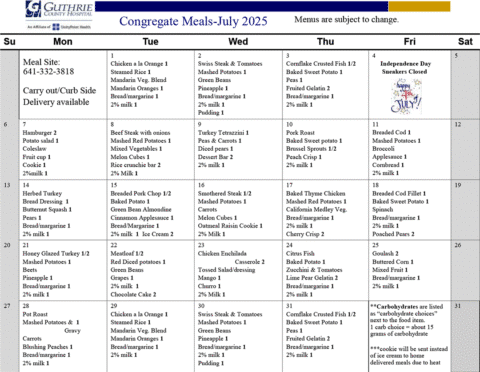 Congregate meal menus for July 2025 - Times Vedette