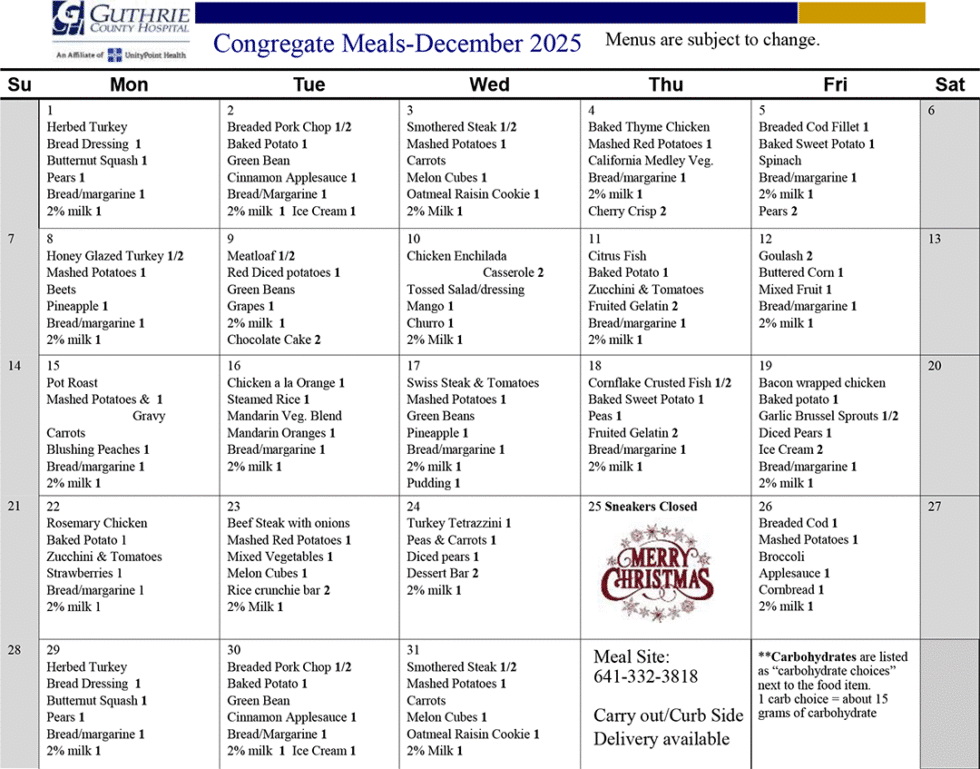 Congregate meal menus for December 2025 - Times Vedette